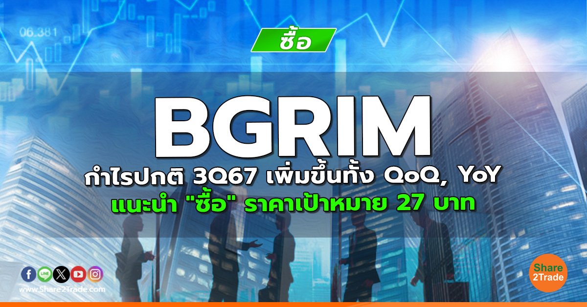 BGRIM กำไรปกติ 3Q67 เพิ่มขึ้นทั้ง QoQ, YoY แนะนำ "ซื้อ" ราคาเป้าหมาย 27 บาท | Share2Trade